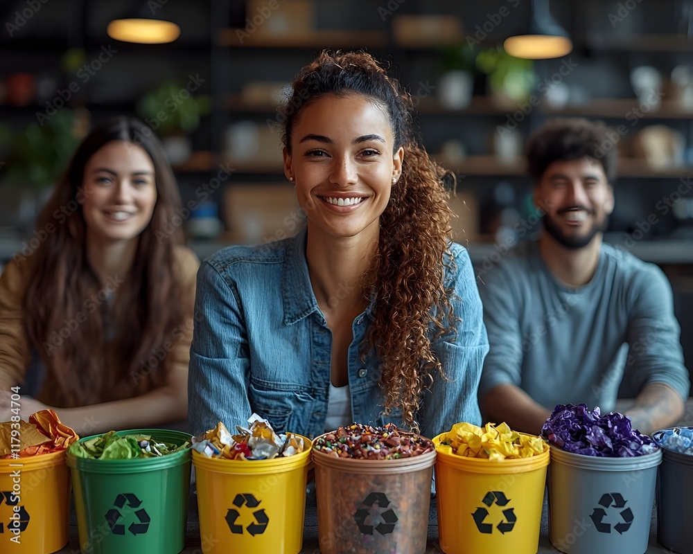 A diverse group of employees sorting waste into color coded bins ...