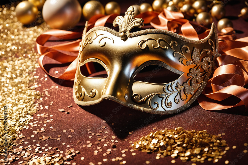 Traditional female carnival venetian mask on the table. Masquerade mask ...