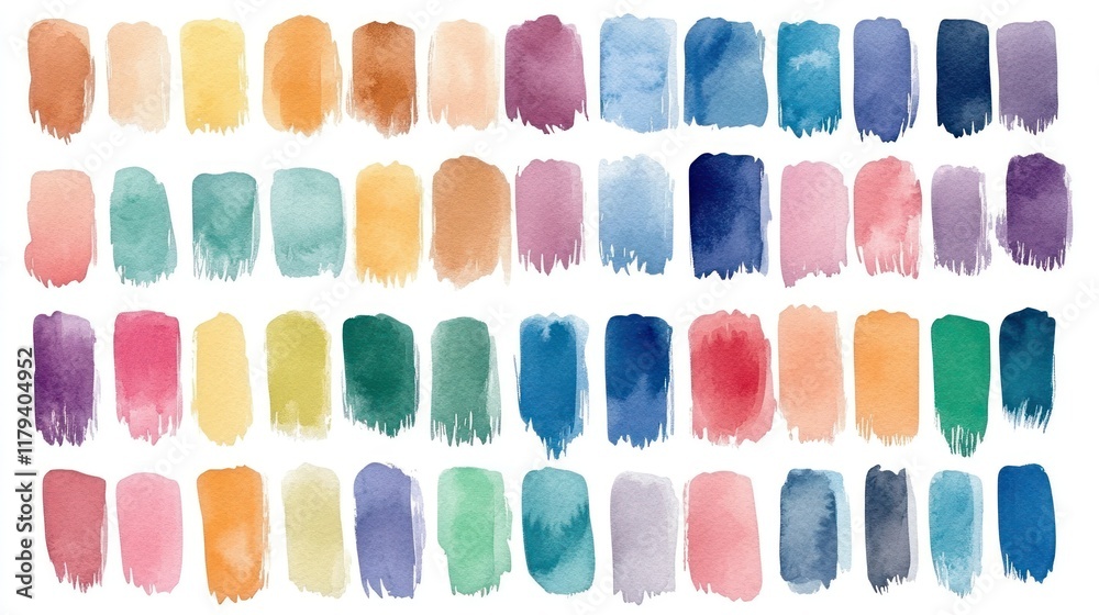 Watercolor paint swatches, color chart, palette, texture samples. Stock ...