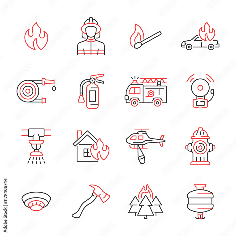 Firefighting line color vector icon set. Fire department symbol with ...