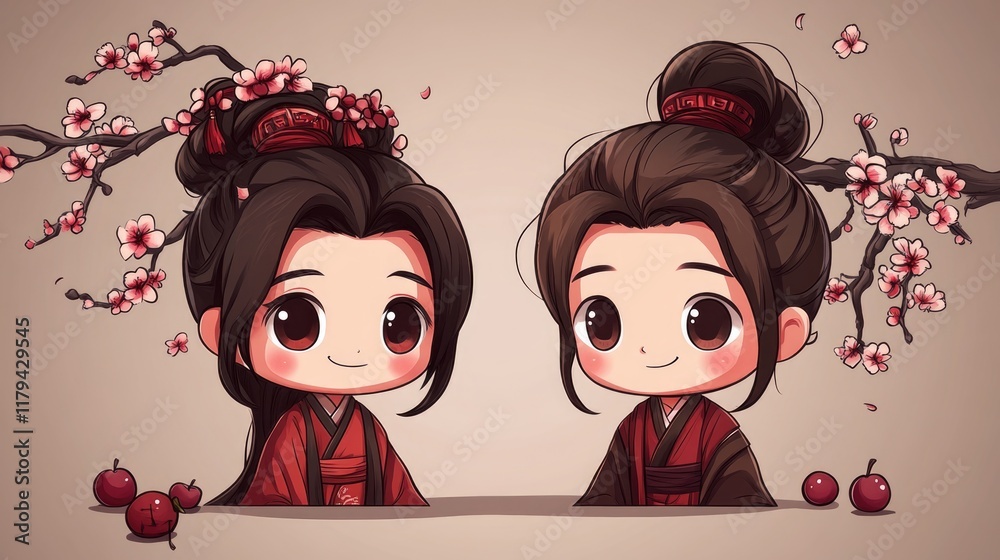 Cute chibi characters with cherry blossoms and traditional asian attire ...