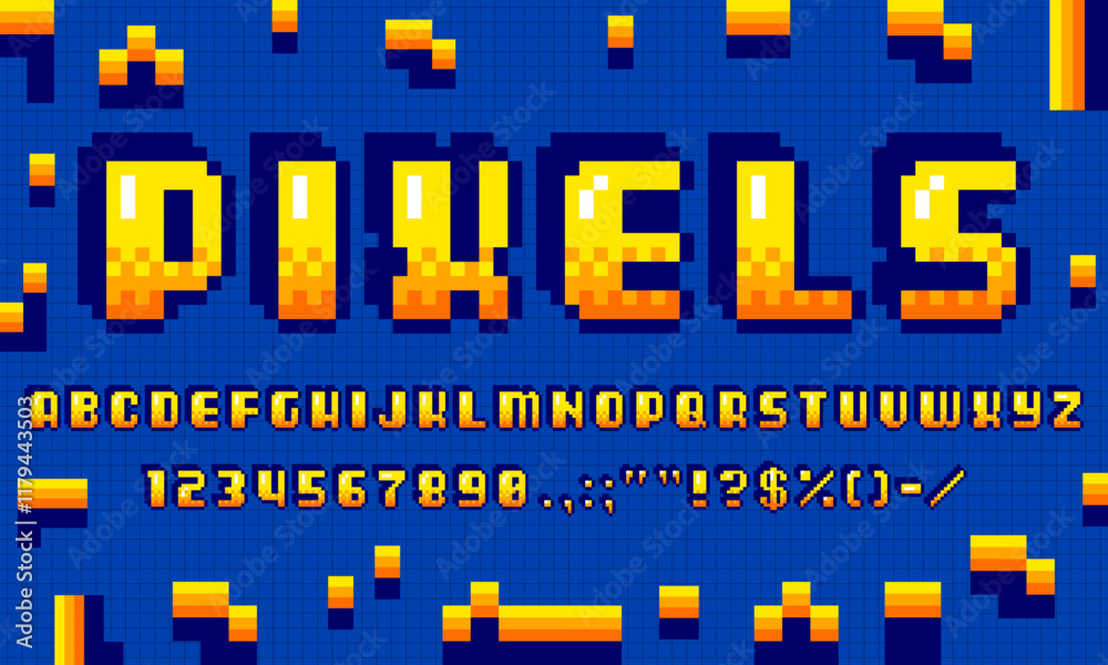 Retro Pixel Font Arcade Game Typeface 8 Bit Pixel Art Type Binary Alphabet Signs And Numbers