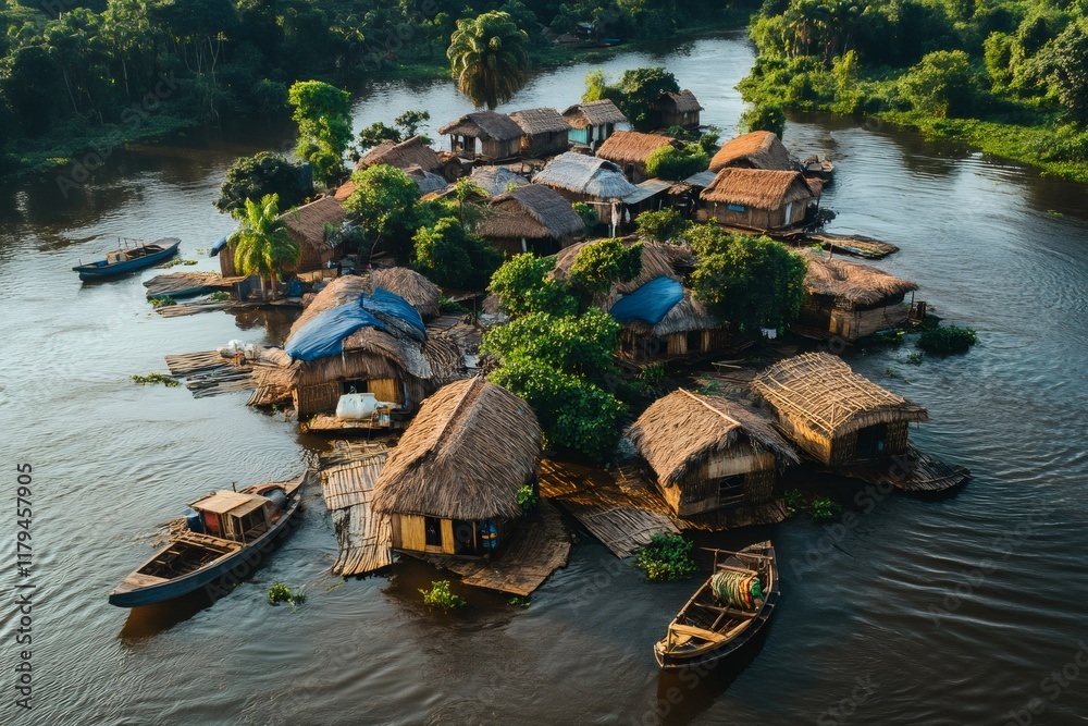 Floating village in the amazon rainforest with traditional houses and ...