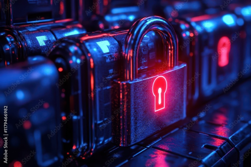 cybersecurity concept featuring glowing neon blue padlocks with one ...