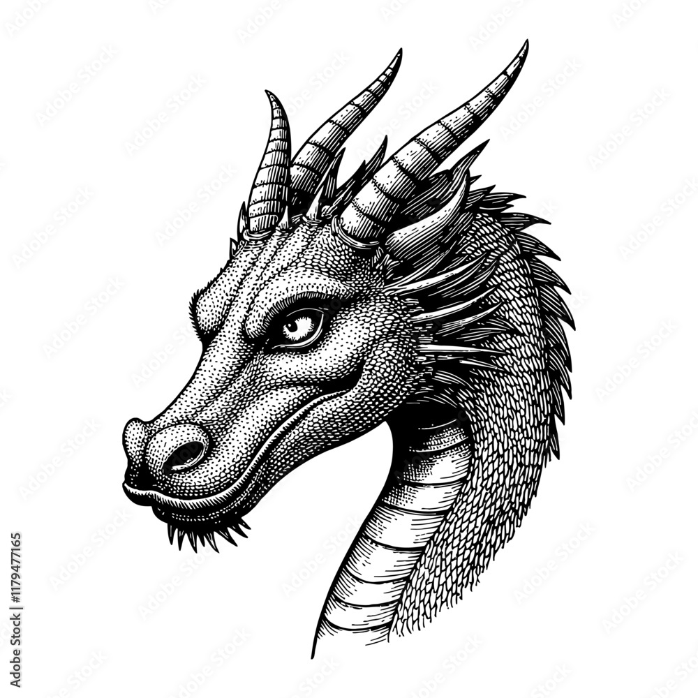 Dragon Head Side View Detailed Black and White Outline Line Art Drawing ...