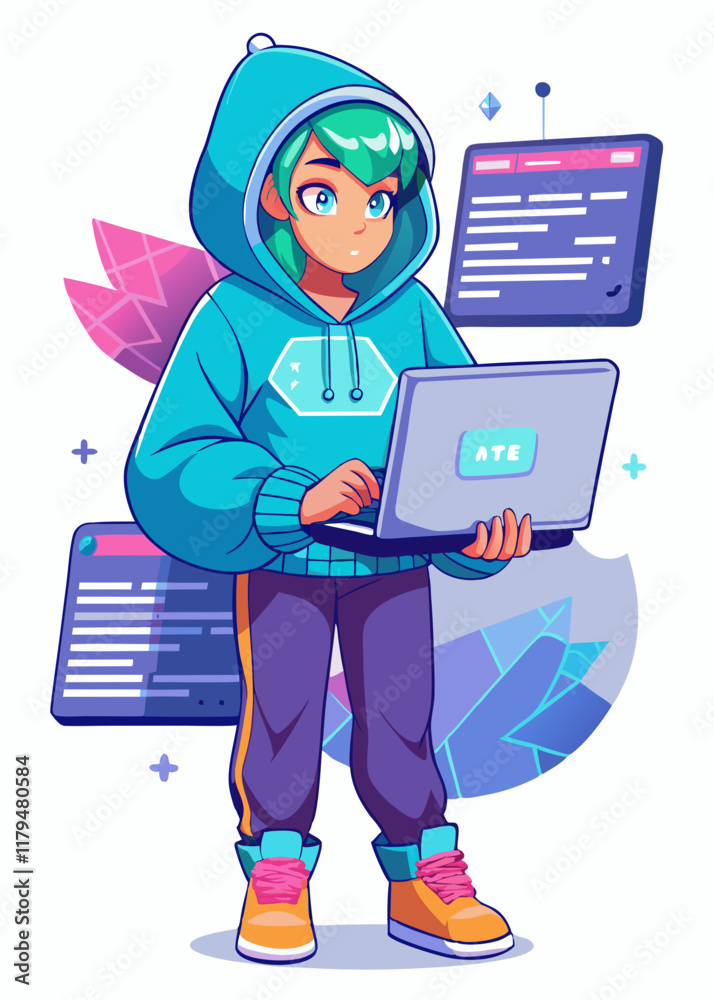 Vetor Anime girl with laptop wearing hoodie, coding in tech environment ...
