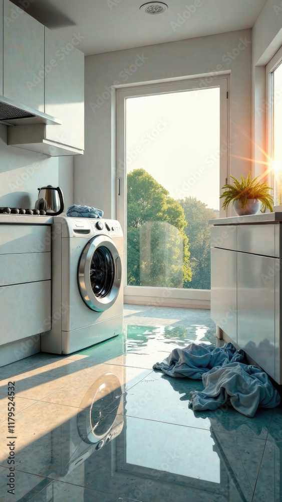 Leaky washing machine flooded the floor with water. Broken washing ...