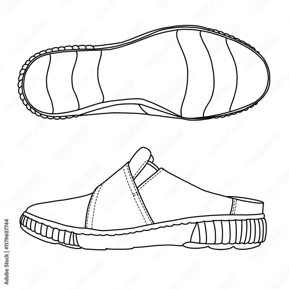 Women's mules slip on shoes Line art, Technical sketch hand drawing ...