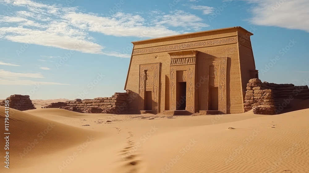 Ancient Egyptian temple ruins in a vast desert landscape under a partly ...