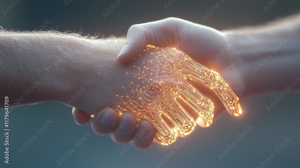 ai hand shaking concept. A glowing handshake symbolizes connection and ...