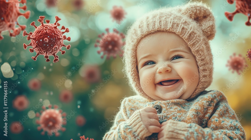 Smiling caucasian baby in bear hat amid virus particles. hMPV, Human metapneumovirus Stock ...
