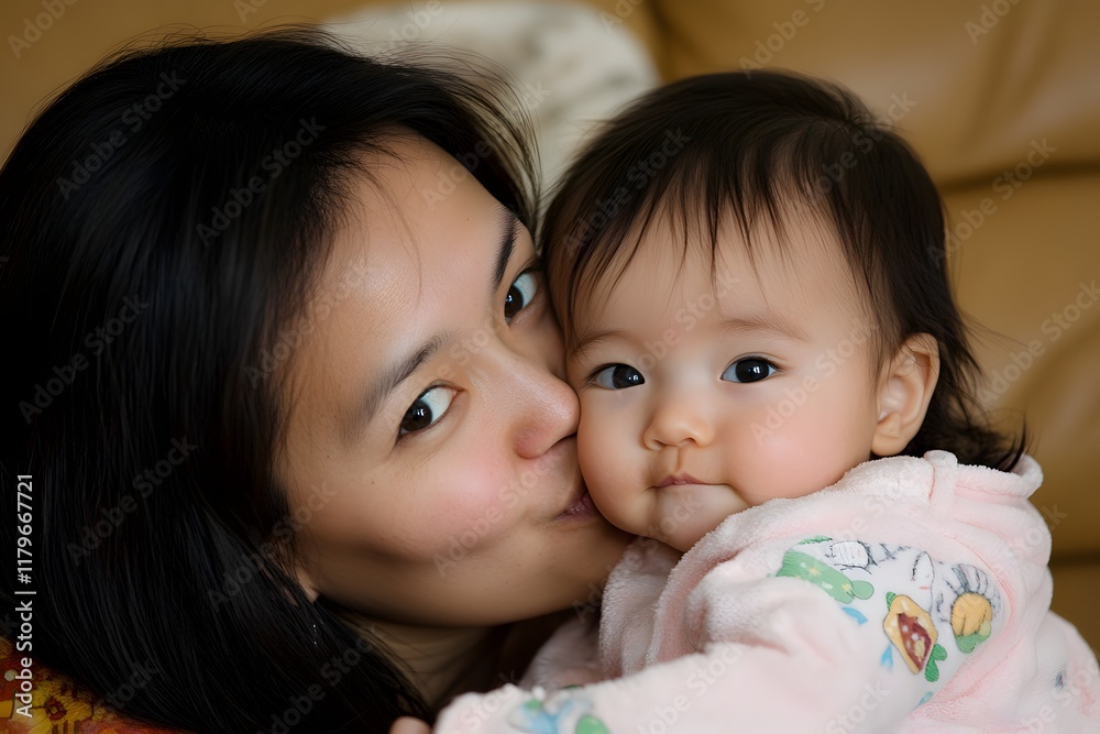 A mother kissing her baby in the living room, photorealistic portraits ...