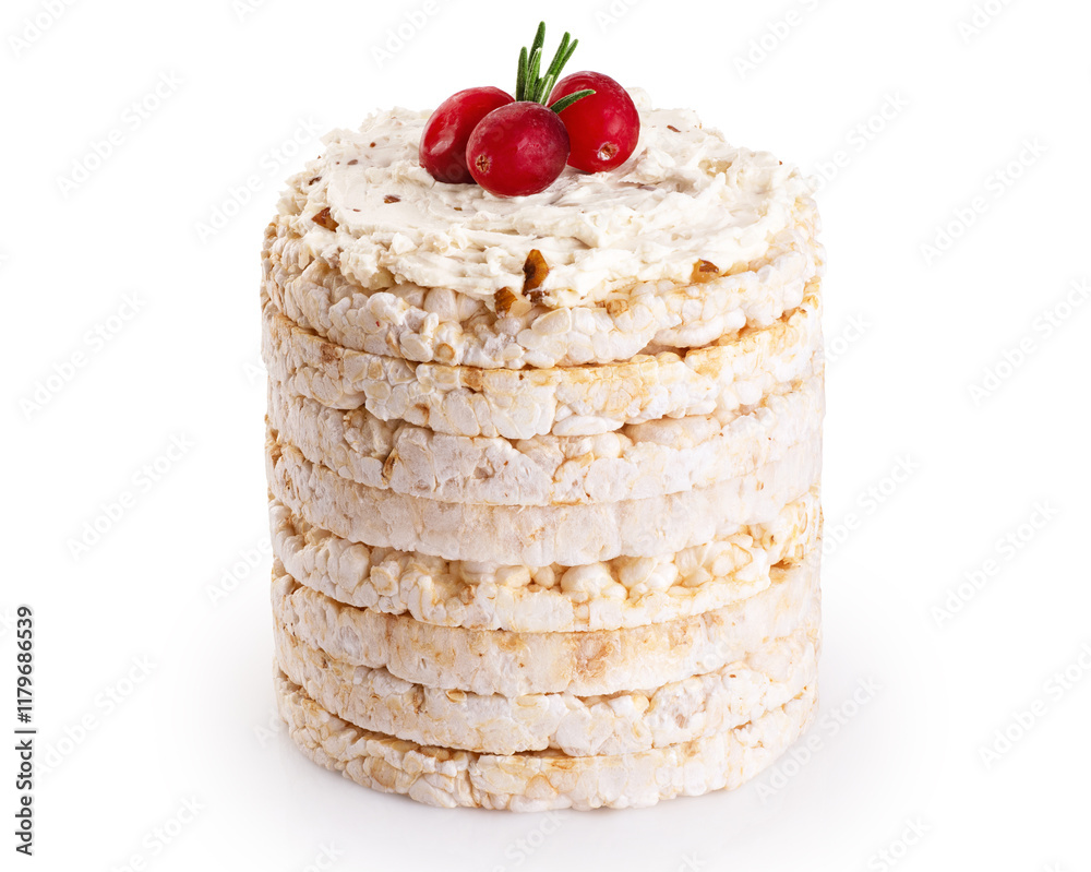 Puffed rice cakes with cream cheese and cranberries isolated on white ...