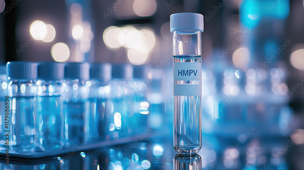 A test tube labeled HMPV in a laboratory setting, showcasing ongoing ...