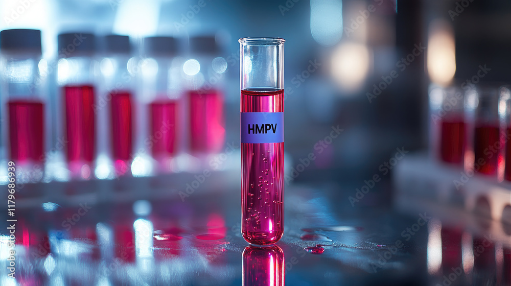 A test tube labeled HMPV in a laboratory setting, showcasing ongoing ...