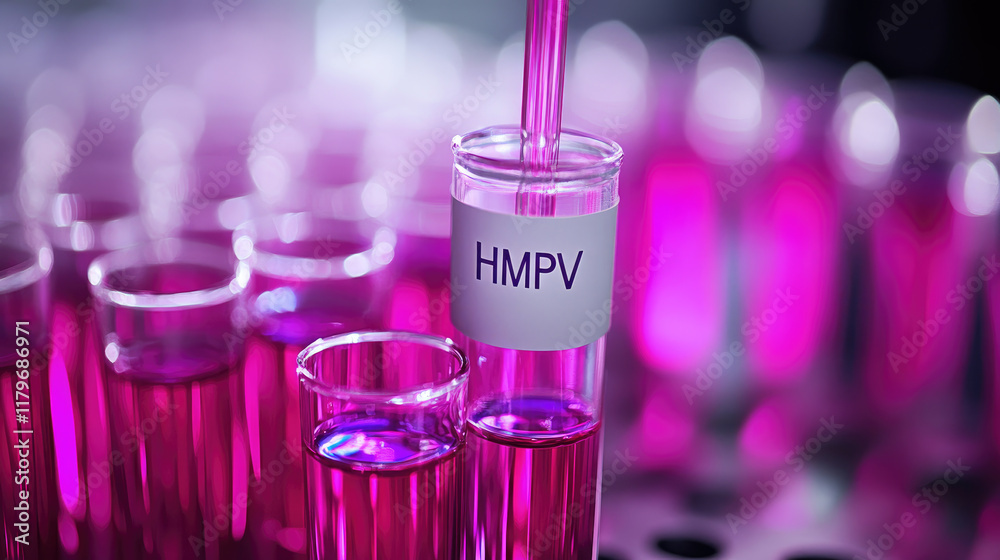 A test tube labeled HMPV in a laboratory setting, showcasing ongoing ...