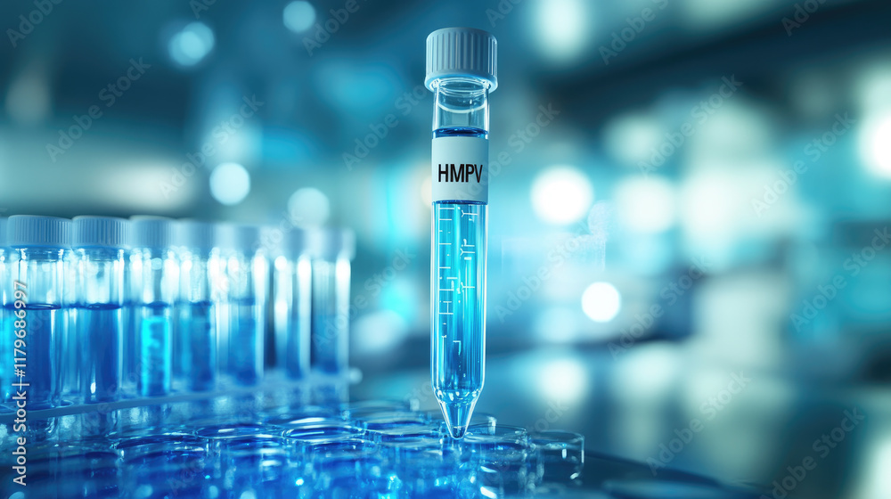A test tube labeled HMPV in a laboratory setting, showcasing ongoing ...