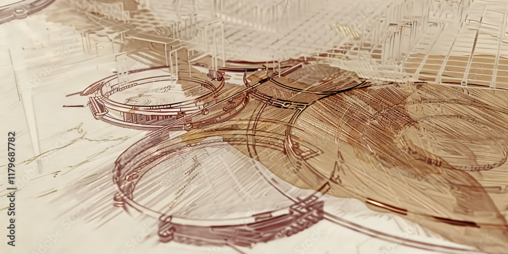 Overlapping Architectural Drawings of Circular Structures and City Plan ...