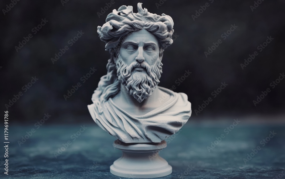 A 3D printed replica of an ancient male statue, with smooth textures ...