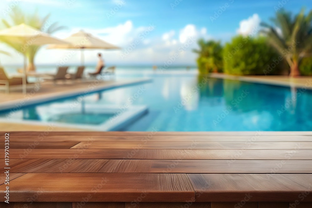 pool in tropical resort swimming pool in tropical beach hotel resort. Coconut palm trees at ...