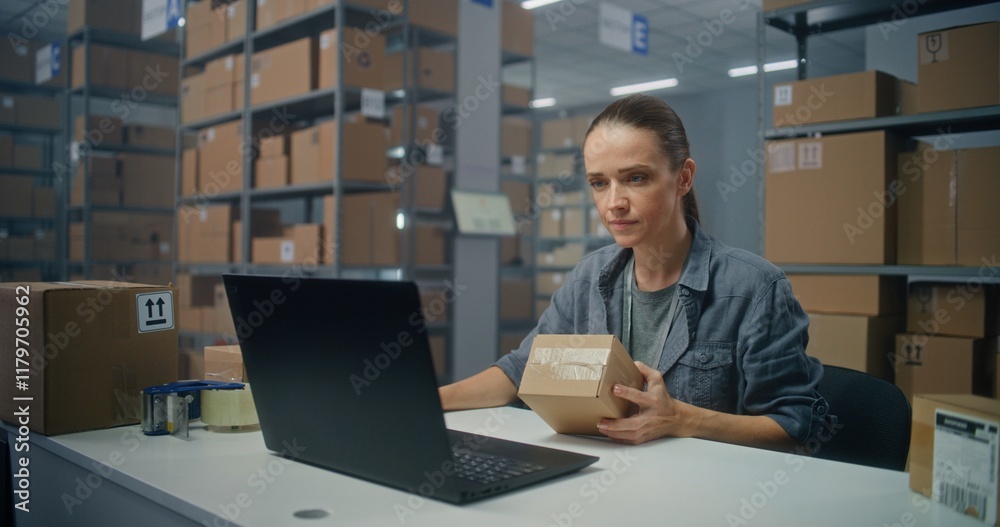 Female post office worker scans cardboard parcel using barcode scanner ...