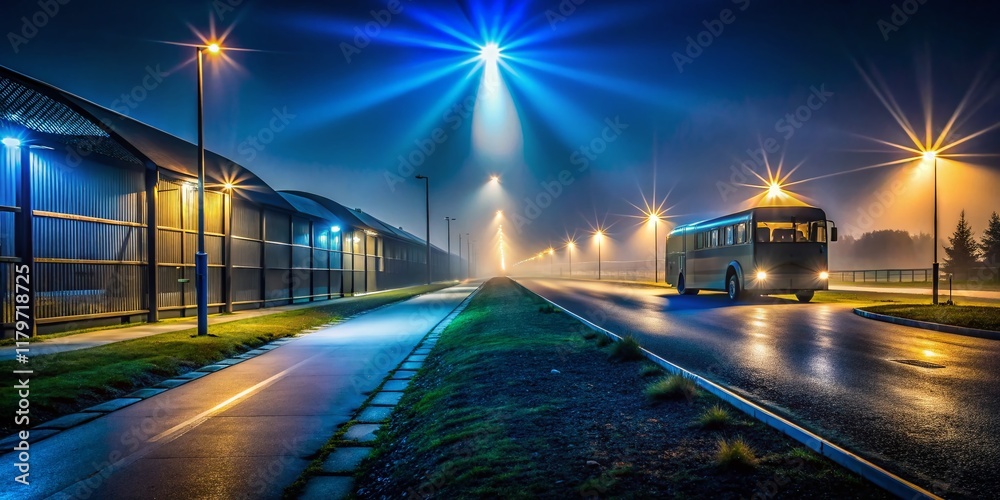 Long Exposure: Military Base Pathway with Bus at Night Stock ...