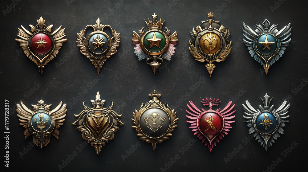 Game level icons, silver medals, stars, ui badges with wings, laurel ...