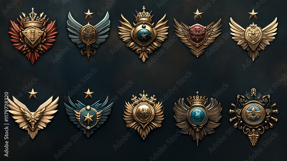Game level icons, silver medals, stars, ui badges with wings, laurel ...