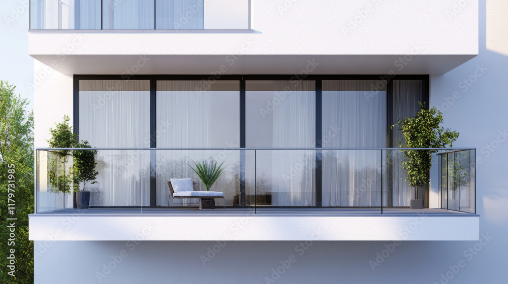 Isolated 3d glass balcony with fence and rail. Realistic building ...