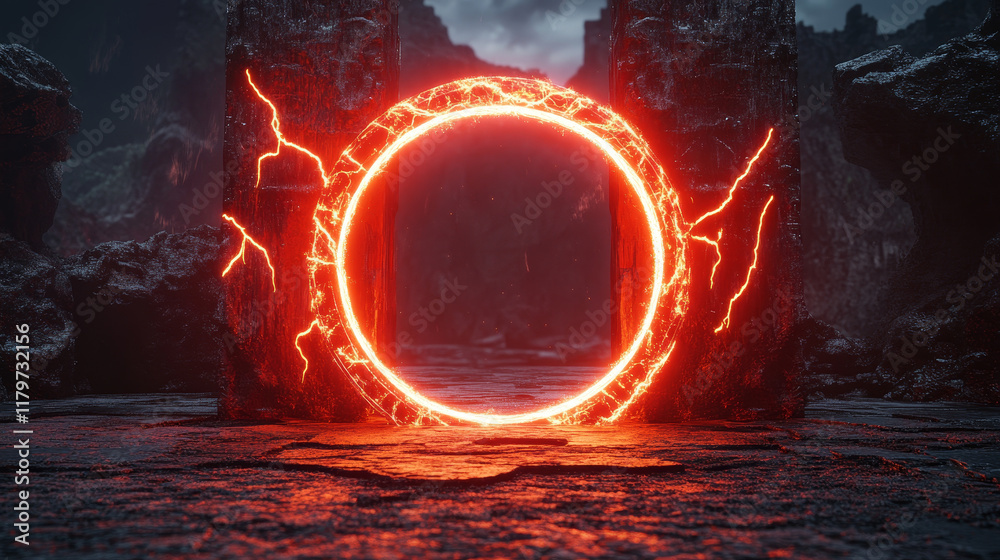 Ilustración de Stock Red neon game portal with lightning and glow ...