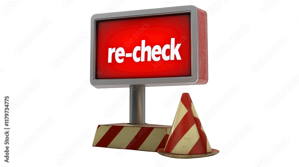Recheck Alert, Bright red digital screen, caution cone, symbol of ...