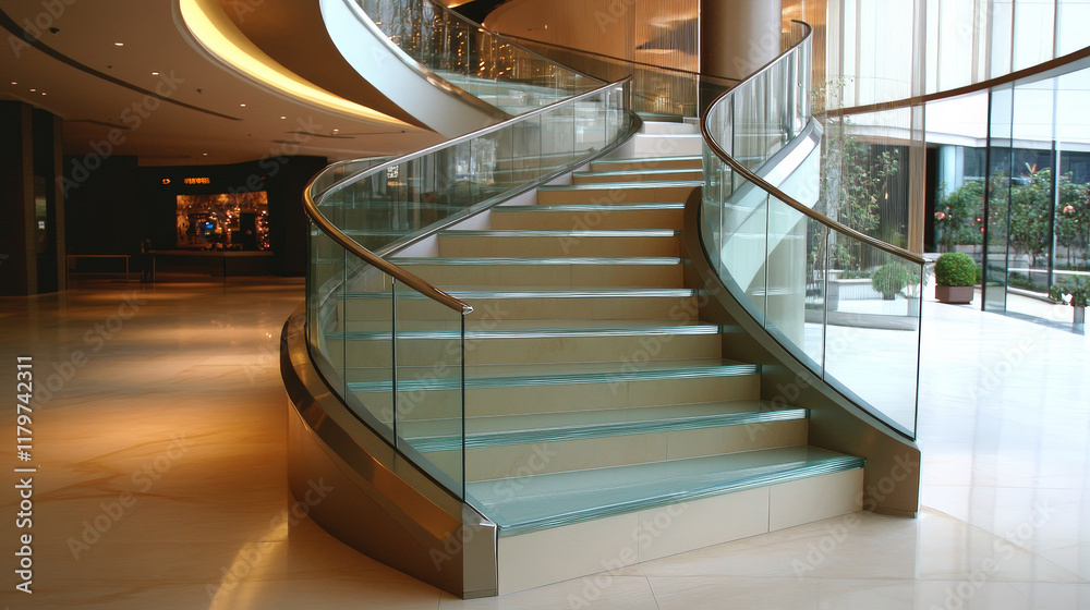 Escalators in mall. Moving staircase, automatic ladder with transparent ...
