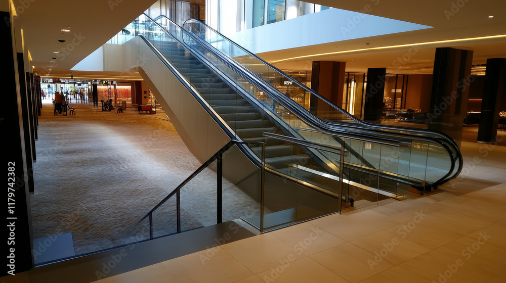 Stock-Illustration „Escalators in mall. Moving staircase, automatic ...