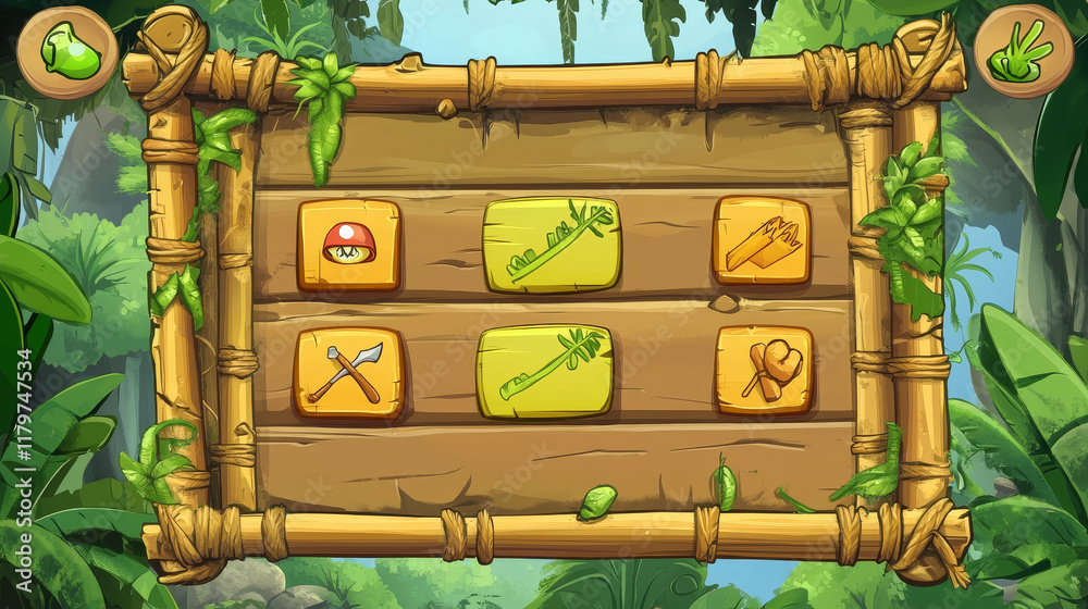 Jungle adventure game ui elements isolated on background. Vector cartoon illustration of wooden ...