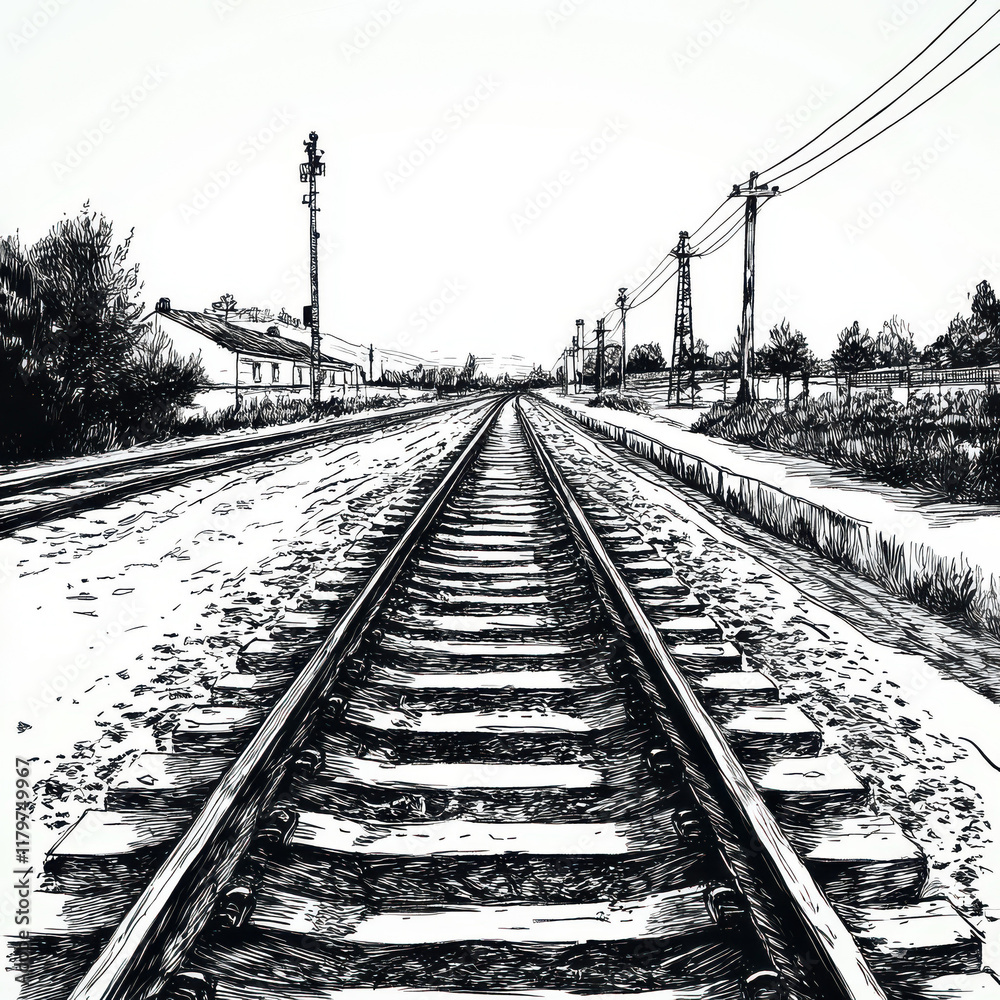 Railway Line Sketch: A detailed raster sketch of a railway line ...