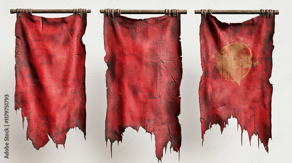 Torn royal medieval red game flag cartoon vector set. Old fabric ...