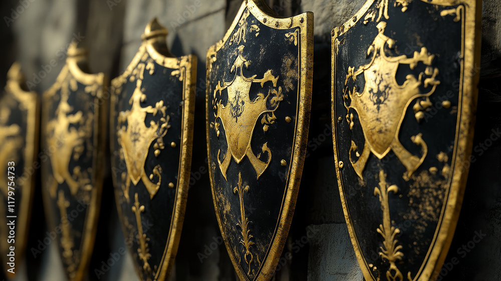 Gold and black shield icon collection. Heraldic shields, medieval royal ...