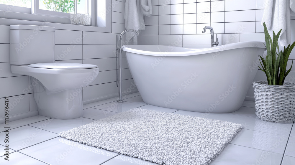 Bathroom interior top view, white room with bathtub, toilet bowl, bidet ...