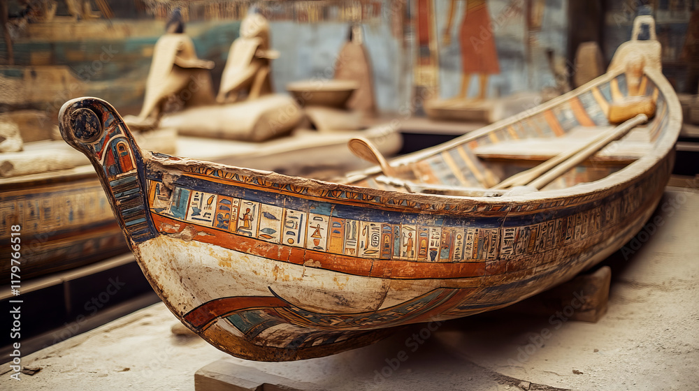 Ancient Egypt wooden boat with paddle for sun god trip cartoon vector ...
