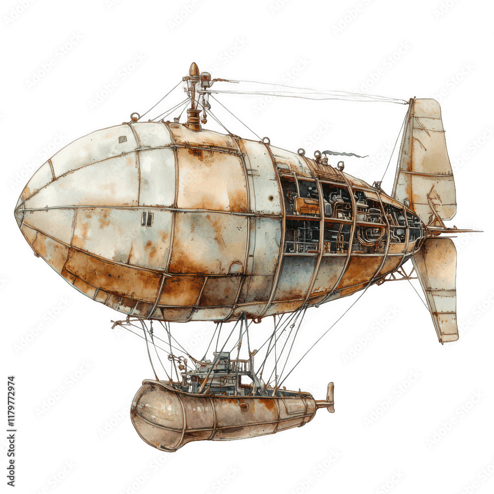 Watercolor Drawing of a Fantastic Airship: A vibrant watercolor ...