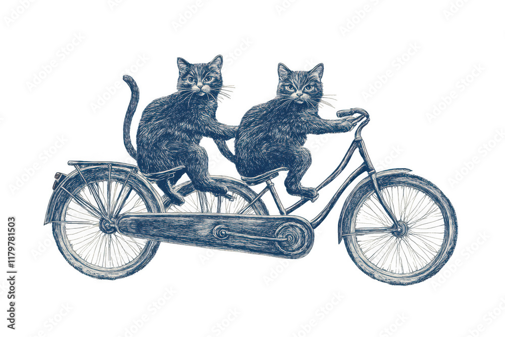 Cats on tandem bike sketch, whimsical and fun, merging playfulness with ...