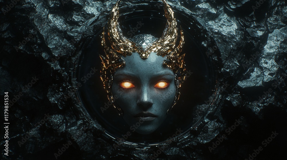 A digital illustration depicting a floating bust of a beautiful, pale ...