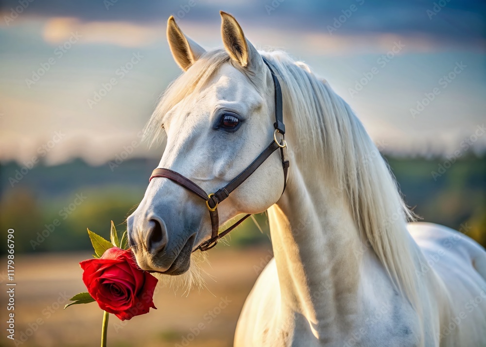 Majestic White Horse with Red Rose - Rule of Thirds Composition Stock ...