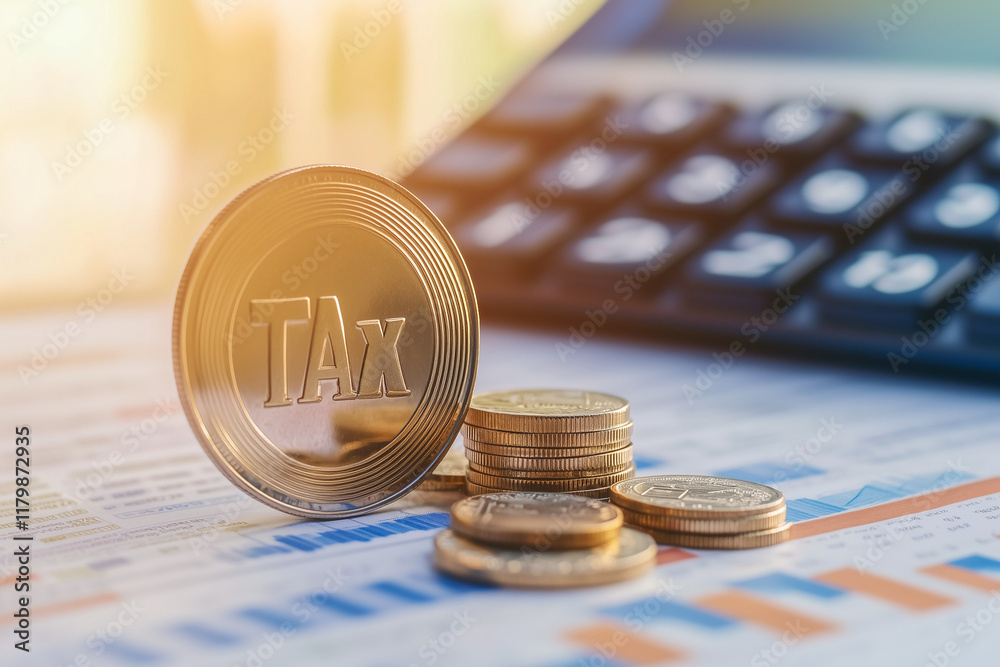 2025 Calendar and Word Tax on coin. Business tax management concept ...