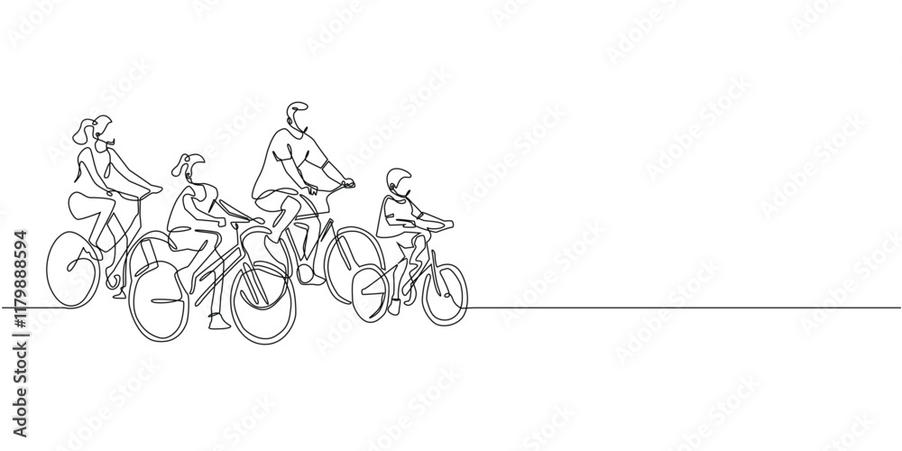 continuous line drawing of cycling with family.single line drawing of ...