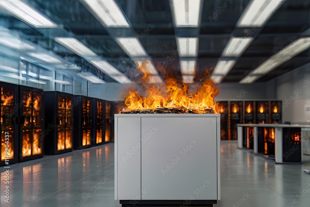 Computer hot heat explosion broke with fire flame conflagration damage ...