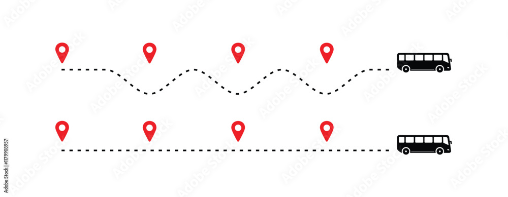 travel timeline dots, bus route dotted line with red map pins ...