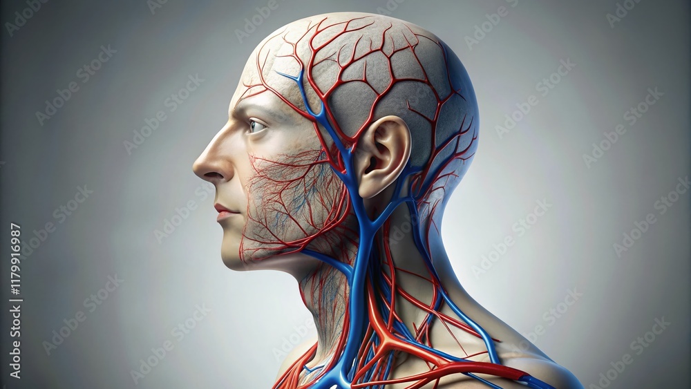 Minimalist Illustration: Human Head's Facial & Neck Blood Vessels Stock ...