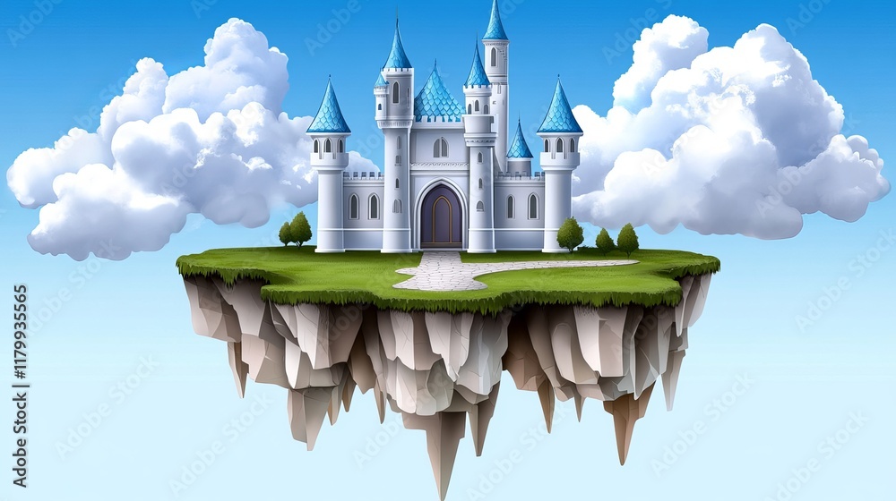 Floating ancient kingdom castle on a sky island with grass paths and ...