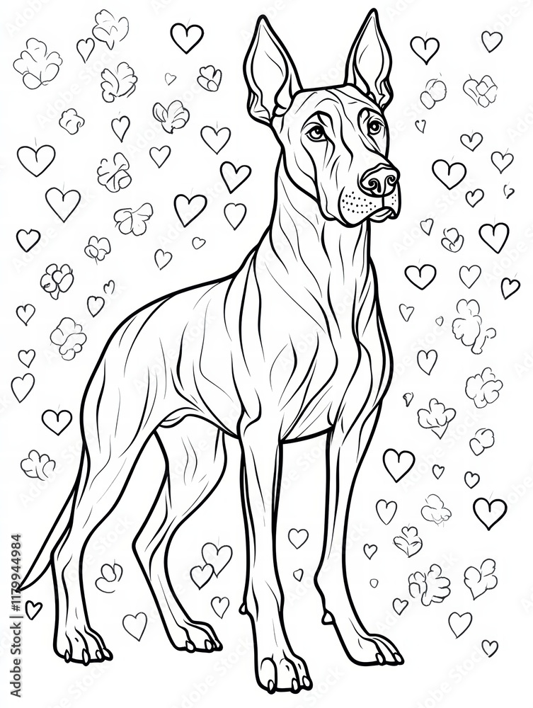 Great Dane Coloring Page: A detailed line art illustration of a Great ...